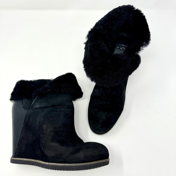 UGG | Shoes | Ugg Classic Monde Cuff Black Leather Wedge Booties Boots ...